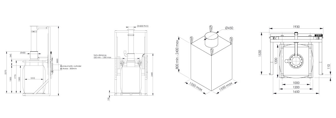 dimensiones de la flowmatic 02 para el llenado de súper sacos